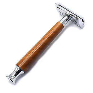 Double Edge Razor for Men, ODM Natural Wood Handle Safety Razor with All Metal Waterproof Head, Classic Long Handle Double Edge Safety Razor, Collector's Edition Gift for Family & Friends BTS-303