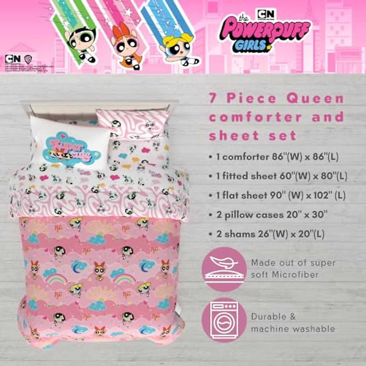 Franco Collectibles Powerpuff Girls Bedding 7 Piece Super Soft Comforter and Sheet Set with Sham, Queen, (100% Official Licensed Product)