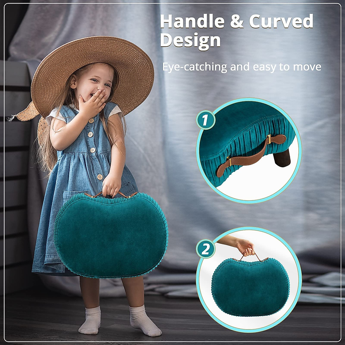 LUE BONA Small Curved Foot Stool with Handle, Velvet Footstool and Ottomans, Modern Foot Rest with Wooden Legs, Step Stool with Padded Seat for Couch, Living Room, Teal