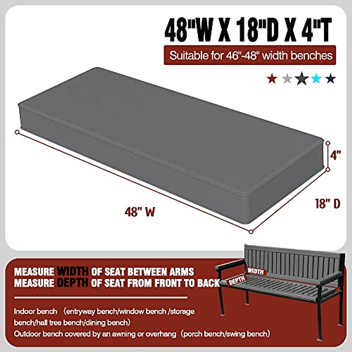 Sundale Outdoor Waterproof Olefin Bench Cushion, Outdoor/Indoor Durable Thicken Pad with Adjustable Straps, Patio Garden Sofa Settee Couch Loveseat Cushion (Dark Gray, 48" W x 18" D x 4" T)