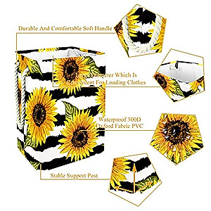 DEYYA Waterproof Laundry Baskets Tall Sturdy Foldable Sunflowers White Black Stripe Print Hamper for Adult Kids Teen Boys Girls in Bedrooms Bathroom
