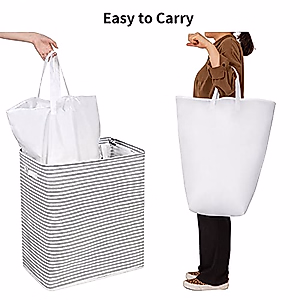 WOWLIVE 115L Freestanding Laundry Hamper Divided Collapsible Large Laundry Basket 2 Removeable Liner Bags Dirty Clothes Hamper with Extended Handles Easy to Carry (Striped Grey)
