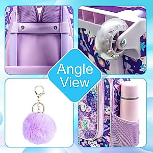 KLFVB Kids Rolling Backpack for Girls, Roller Wheels School Bag with Lunch Bag, Wheeled Sequins School Bookbag for Children - Cat