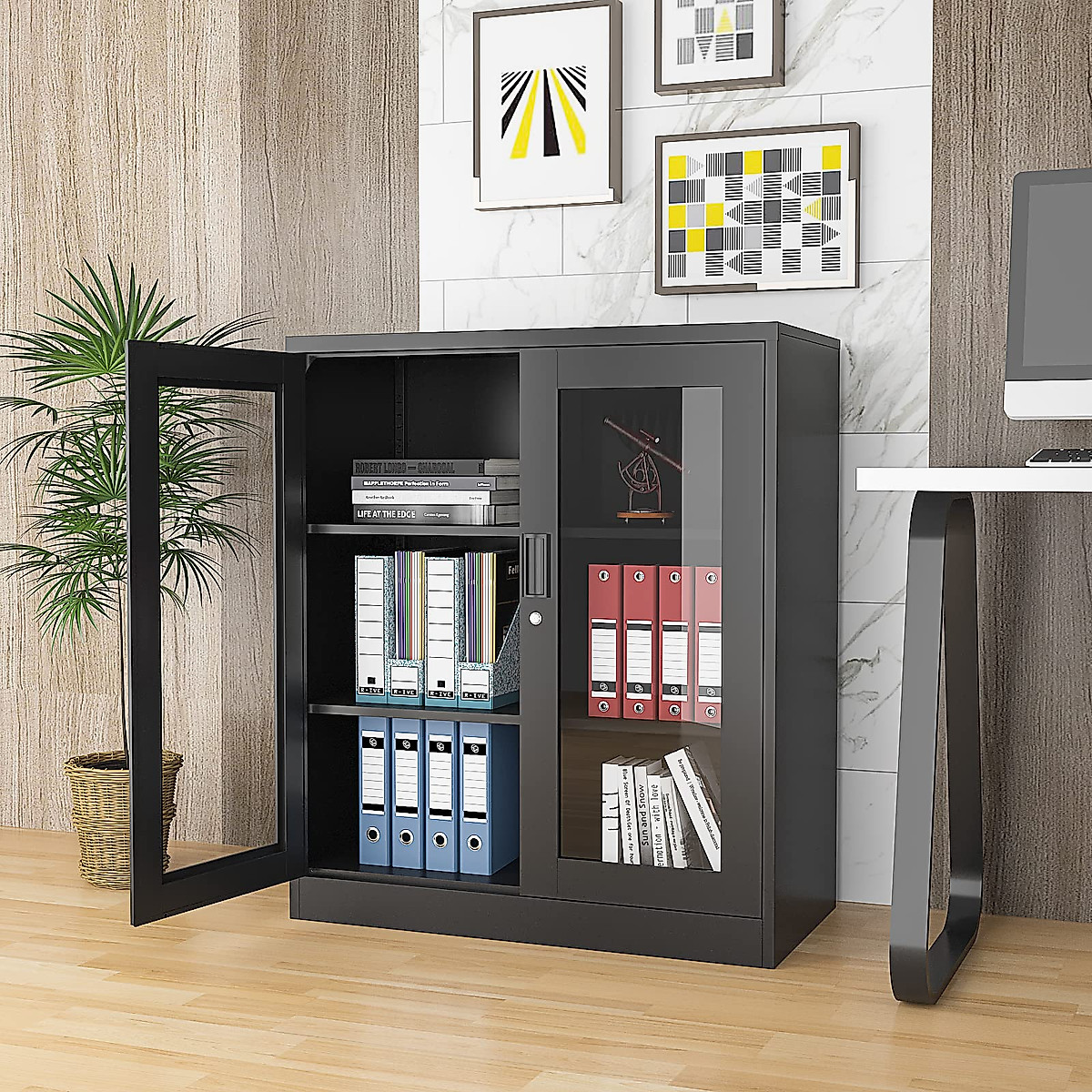 Metal Storage Cabinet, Locking Steel Storage Cabinet with 2 Doors and Adjustable Shelves, Metal Cabinet with Lock, 36" Storage Cabinet Great for Garage, Home, Office (Black)