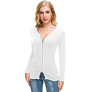 Afibi Women V Neck Zip Front Long Sleeve Casual Top Blouse Shirt/Cardigan (Large, White)