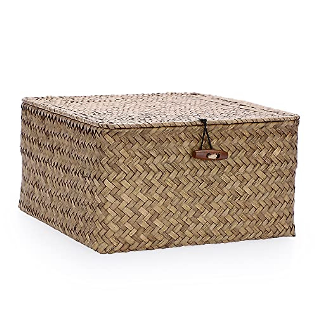 Hipiwe Wicker Shelf Baskets Bin with Lid Handwoven Seagrass Storage Basket Container Square Multipurpose Household Basket Boxes for Shelves and Home Organizer, Coffee Medium