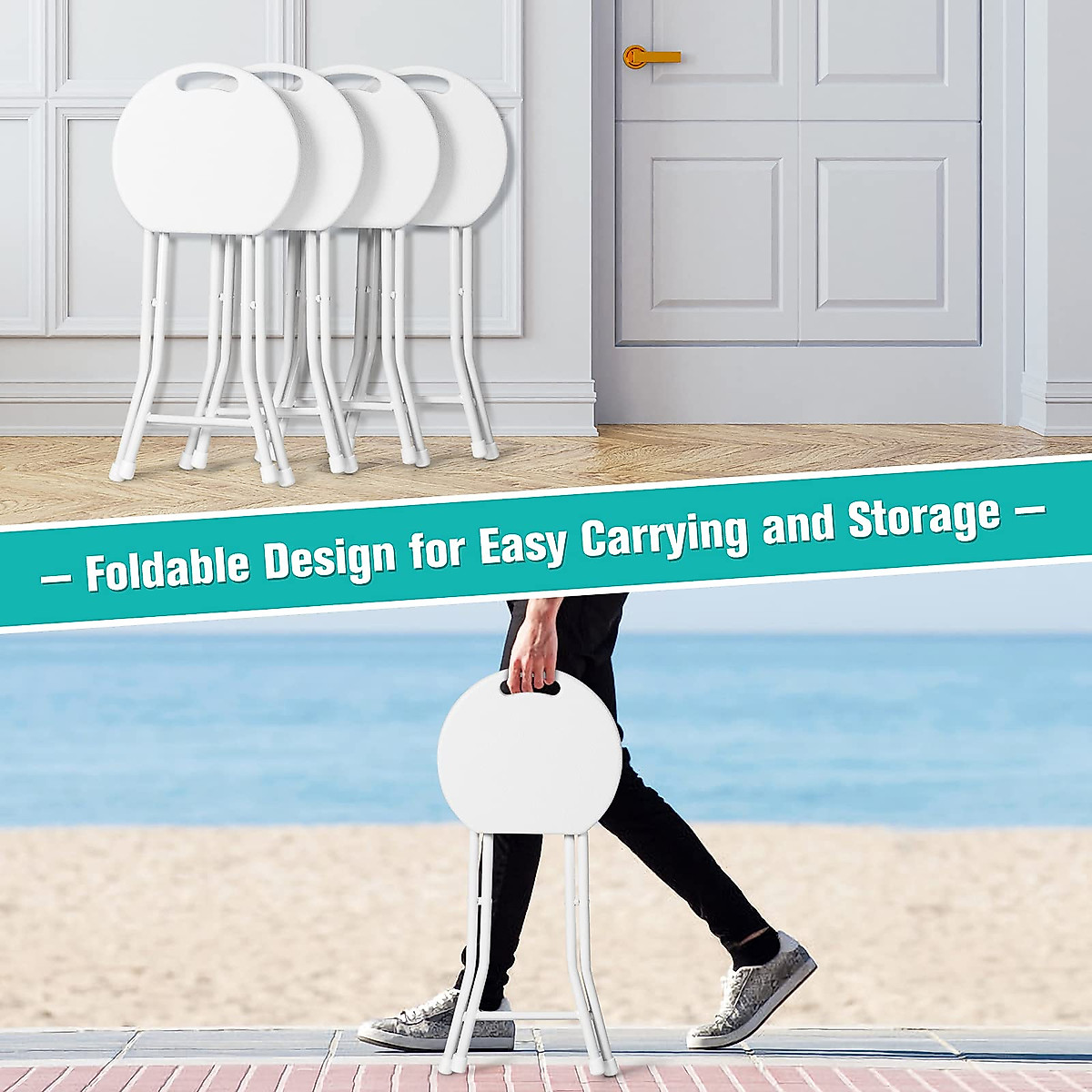 Giantex Set of 4 Folding Stool, Round Foldable Bar Stools, 4 Pack Portable Folding Chairs with Handle, Collapsible Stools 18 Inch 330lbs Capacity for Camping RV Party (White)