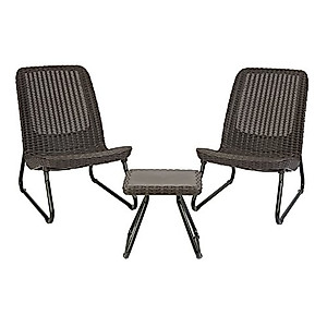 Keter Rio 3 Piece Resin Wicker Patio Furniture Set with Side Table and Outdoor Chairs, Brown & DC America UBP18181-BR 18-Inch Cast Stone Umbrella Base, Bronze Powder Coated Finish