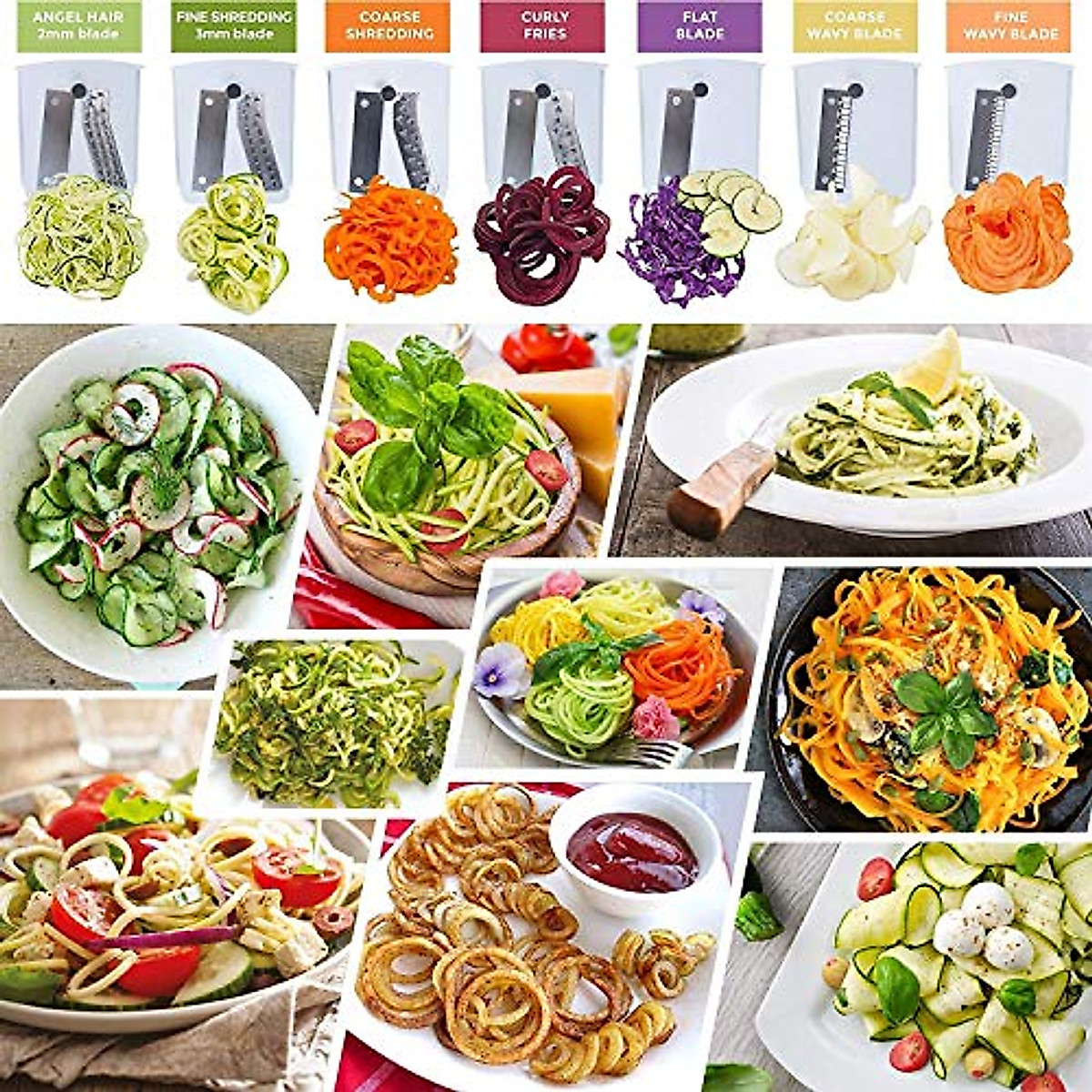 Spiralizer 7-Blade Vegetable Slicer, Strongest-and-Heaviest Spiral Slicer, Best Veggie Pasta Spaghetti Maker for Keto/Paleo/Non-Gluten, Comes with 4 Recipe Ebooks