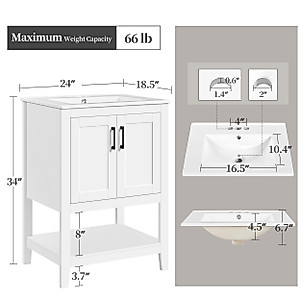 Yaheetech 24" Modern Bathroom Vanity with Sink, Bathroom Sink Cabinet with Rectangular Ceramic Basin, Bathroom Vanities Cabinet with 2 Doors and 1 Open Shelf, White