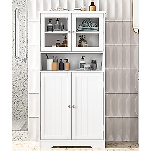 Irontar Bathroom Cabinet, Bathroom Floor Cabinet with Open Shelf, Large Display Cabinet with Doors, Kitchen Cupboard, Storage Cabinet for Living Room, 23.6 x 11.8 x 50.4 Inches White CWG006W
