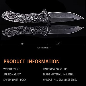 Vividstill Pocket Knife for Men, Folding Knife With Clip & Embossed 3D Mermaid Relief, Edc Knife For Men Outdoor Survival Camping Hiking Hunting