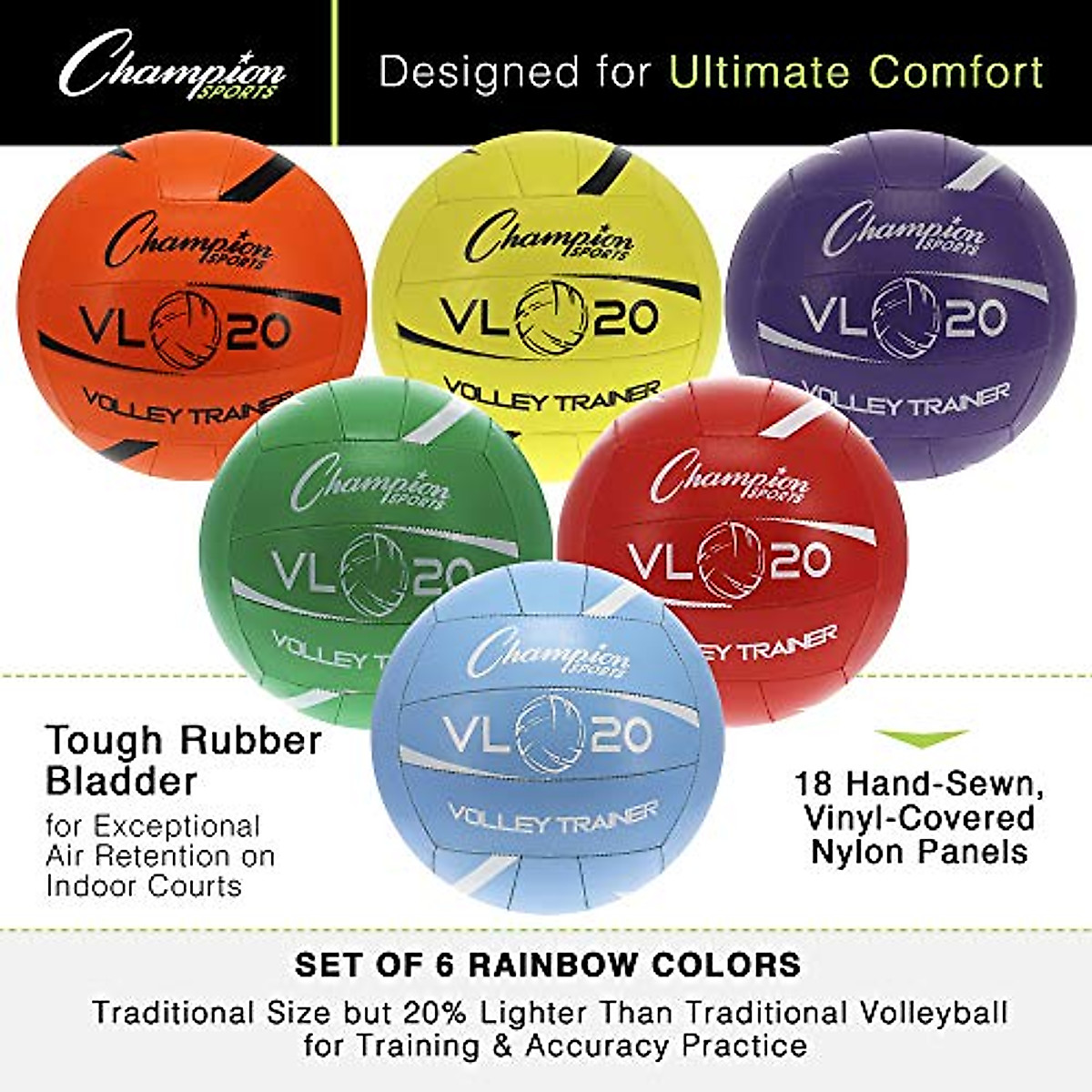 Champion Sports Training Volleyball, Size 8, Indoor and Outdoor, with Soft, Hand-Sewn Nylon Panels - Lightweight Volleyballs for Practicing, Recreation - Premium Volleyball Equipment and Gear - Set