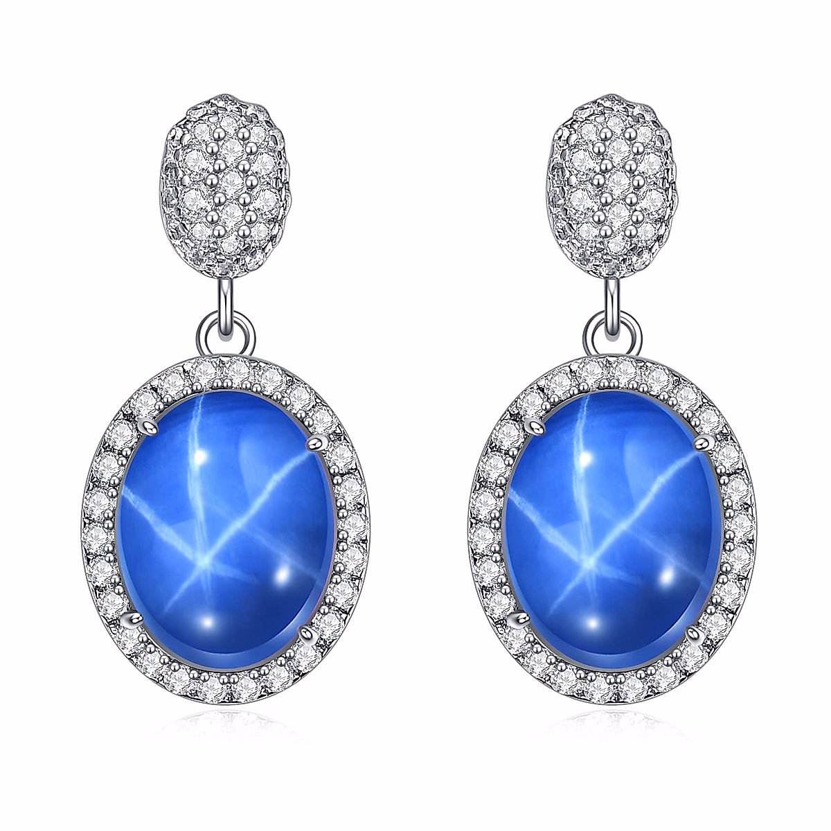 3.63CT Lab Star Sapphire Dangle Earrings - Gem's Beauty Genuine 925 Sterling Silver Oval Earrings 14K Gold plated Drop Earrings Handmade Earrings for Girls Birthstone Dangling Earrings for Women Classic Fine Jewelry