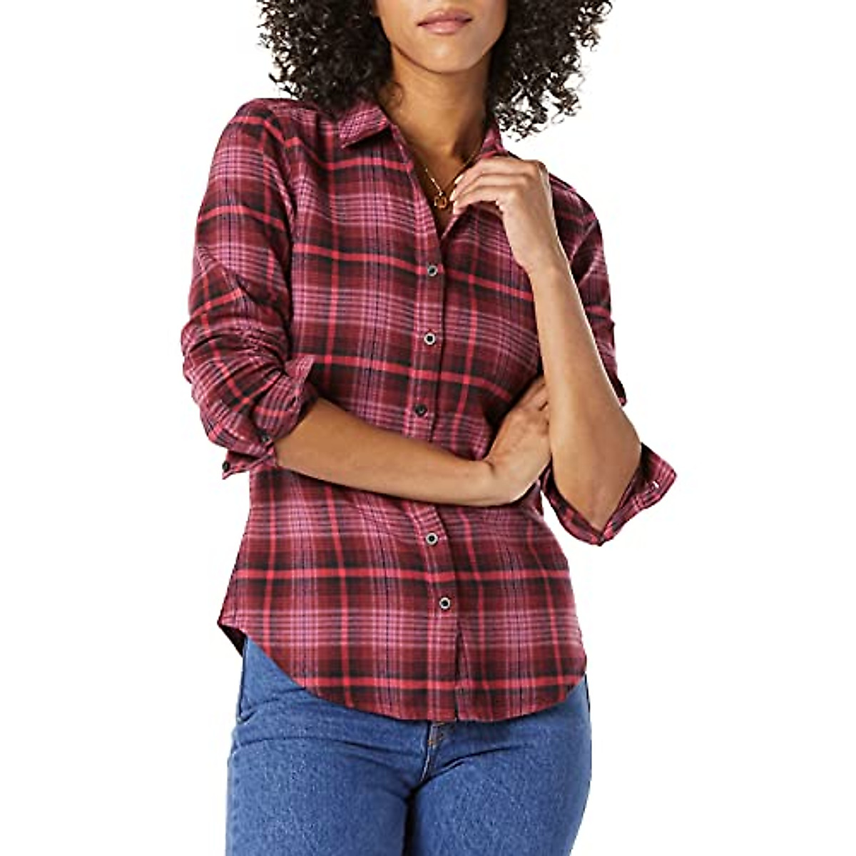 Goodthreads Women's Brushed Flannel Drop-Shoulder Long-Sleeve Shirt, Burgundy Pink Scottish Plaid, Small