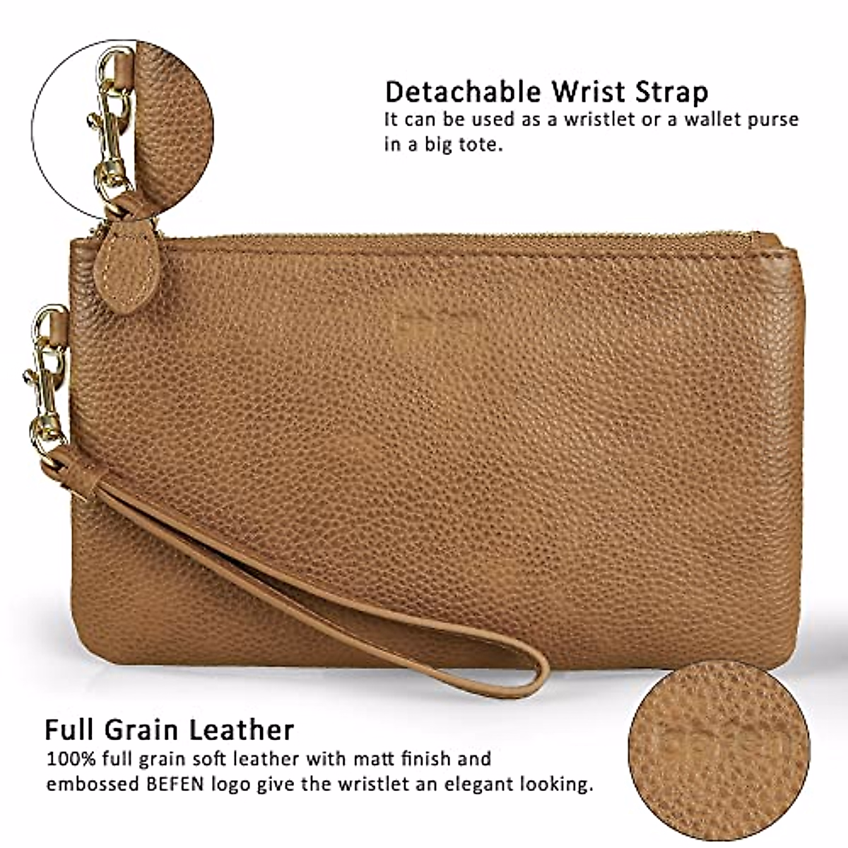 befen Genuine Leather Wristlet Clutch Wallet Purse, Clutch Purses for Women-Vintage Caramel Brown