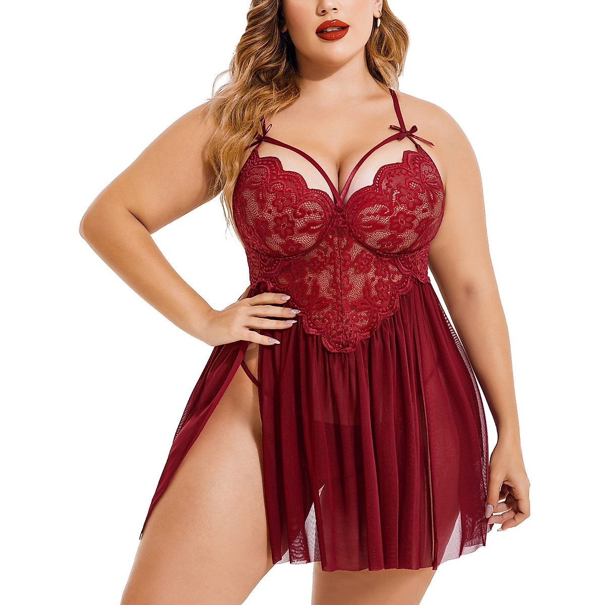 Avidlove Plus Size Lingerie for Women Valentines Day Lace Babydoll Nightgown Sexy Sleepwear Sheer Mesh Nightwear Dark Red