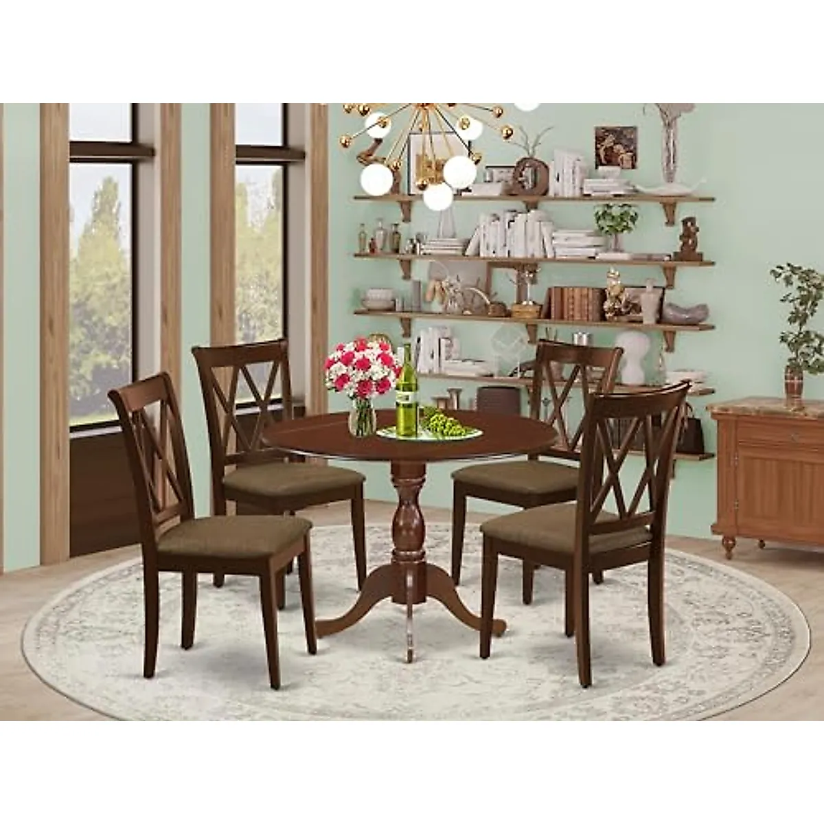 East West Furniture DMCL5-MAH-C 5 Piece Kitchen Table Set for 4 Includes a Round Dining Table with Dropleaf and 4 Linen Fabric Dining Room Chairs, 42x42 Inch, Mahogany