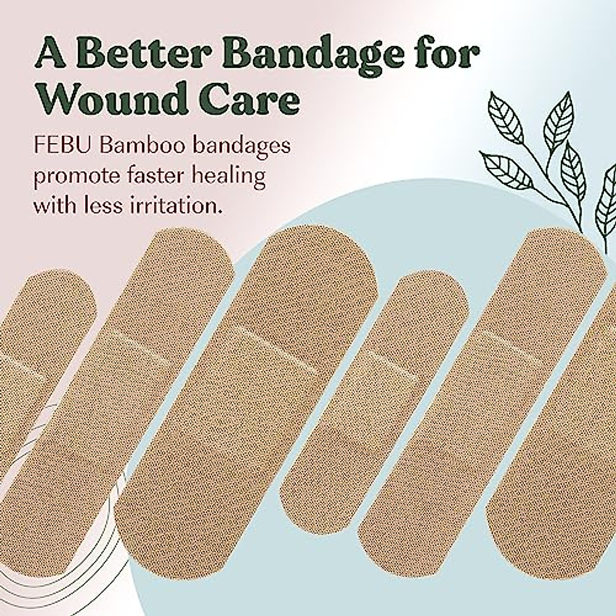 FEBU Eco-Friendly Organic Bamboo Fabric Bandages for Sensitive Skin | PFAS Free Flexible Latex Free Bandages | Natural Hypoallergenic Bandages for Scrapes, Cuts & First Aid | 75 Count Variety Pack