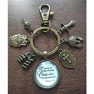 Unisex Christian Keychain, purse charm, zipper pull with I can do all things through Christ and Armor of God Tibetan Bronze Charms