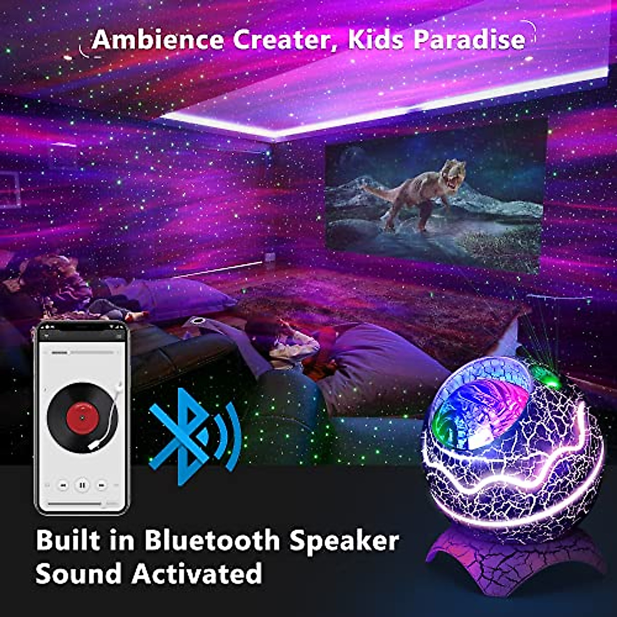 Brizled Star Projector Night Light, Dinosaur Egg Shaped Galaxy Projector Light with Bluetooth Speaker & White Noise, LED Nebula Starry Night Light Projector Remote for Room Party Birthday Home Theater