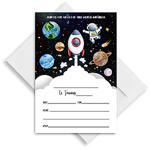 LoaHak Outer Space Birthday Party Invitations Card For Kids, Planets Rocket Ship Party, Galaxy Birthday Invitation. (064)