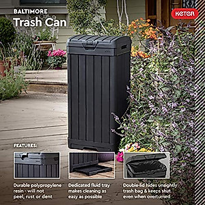 Keter Baltimore 38 Gallon Trash Can with Lid and Drip Tray for Easy Cleaning-Perfect for Patios, Kitchens, and Outdoor Entertaining, 38 Gallons, Black