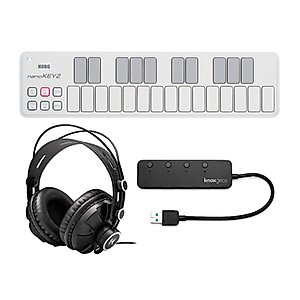 Korg nanoKEY 25-Key Slim-Line USB MIDI Controller (White) Bundle with Closed-Back Studio Monitor Headphones and 4-Port USB Hub (3 Items)