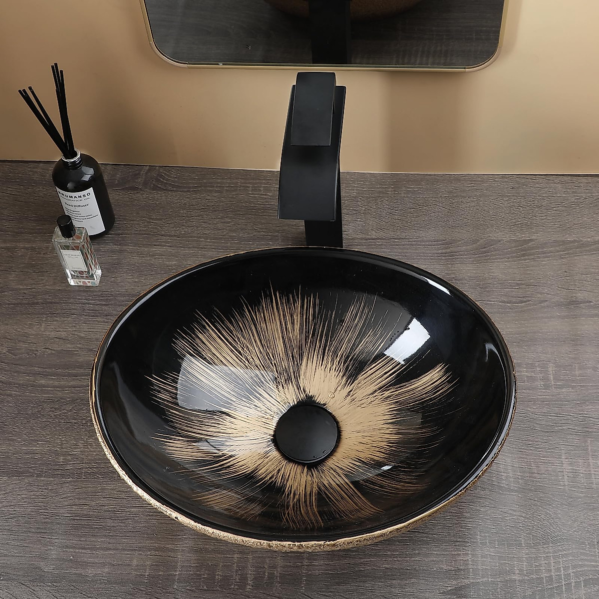 Sinku Mccut Ceramic Bathroom Vessel Sink Oval Batnroom Sink Above Counter Vessel Sinks for Bathrooms Vintage Gold Bowl Small Vessel Sink with Faucet and Drain Combo