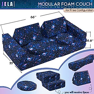jela Kids Couch Extended Size 10PCS with futons, Floor Couch Floor Sofa Modular Furniture for Kids and Adults, Modular Foam Play Couch, Modular Sectional Sofa (Galaxy)