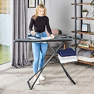 Minky Homecare Ergo Plus Prozone Ironing Board Made in UK Freestanding Full Size Iron Table with Heat Reflective Cover, Thick Felt Underlay and Large 48" x 15" Ironing Surface (Gunmetal and Blue)