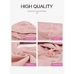 Dokotoo Womens Ladies Winter Sweatshirt for Women Comfy Simple Plain Drawstring Hoodies Front Button Collar Fleece Long Sleeve with Pockets Hooded Pullovers Casual Loose Fit Fall Tops Shirts Large