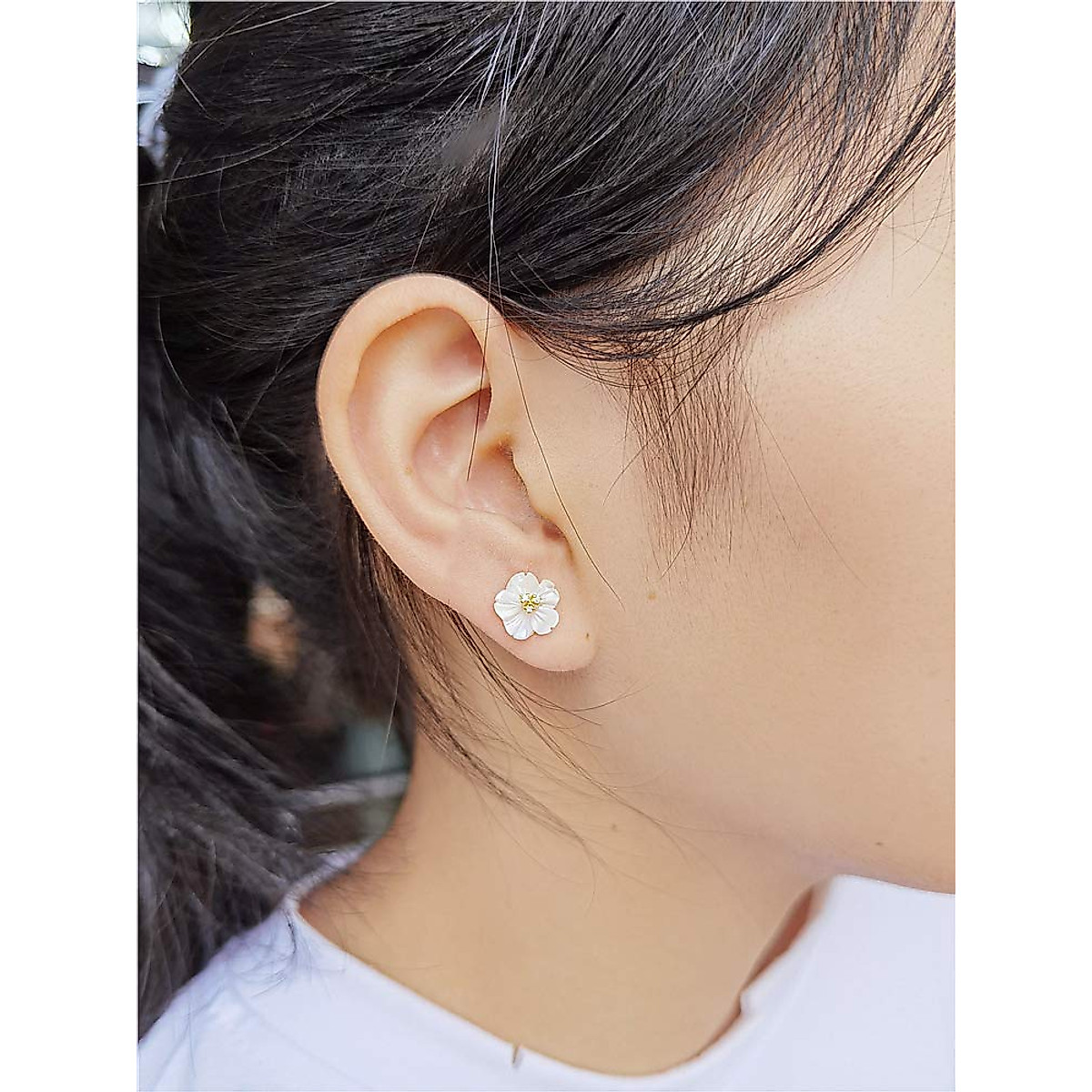 CZ Shell Pearl Flower Stud Earrings for Women Girls S925 Sterling Silver Hypoallergenic Crystal Cute Small Floral Statement Cartilage Tragus Post Pin Fashion Birthday Christmas Jewelry