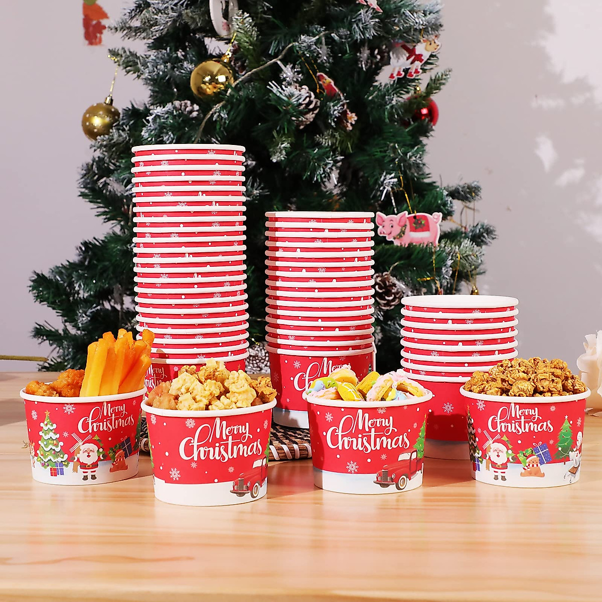 gisgfim 50pcs Christmas Paper Snack Cups, Christmas Ice Cream Cups Disposable 9 Oz Paper Treat Cups Dessert Bowls Holiday Xmas Themed Soup Cups For Hot or Cold Food Christmas Party Supplies