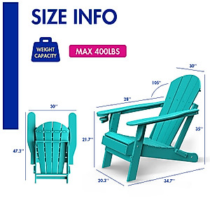 BRIOPAWS Folding Adirondack Chairs Set of 2, Weather Resistant Patio Chairs w/Cup Holder, HDPE Plastic Chair, Lawn Chairs for Fire Pit, Deck, Outdoor, Porch, Campfire, Aqua, 2 Packs