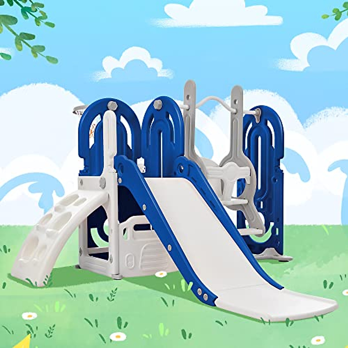 Toddler Swing and Slide Set 5 in 1 Kids Climber Slide Playset with Basketball Hoop Indoor & Outdoor Playground Freestanding Slide Combination for Babies Boys Girls, Blue