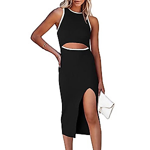 PRETTYGARDEN Women's Summer Midi Bodycon Dresses Casual Crew Neck Side Slit Sleeveless Knit Cut Out Tank Top Dress (Z-Black,Small)