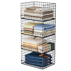 Yociyoga 4-Tier Stackable Closet Organizers and Storage Shelves, Closet Shelf Organizer Basket Bins, Foldable Sweater Storage for Closet Organizer System, Black