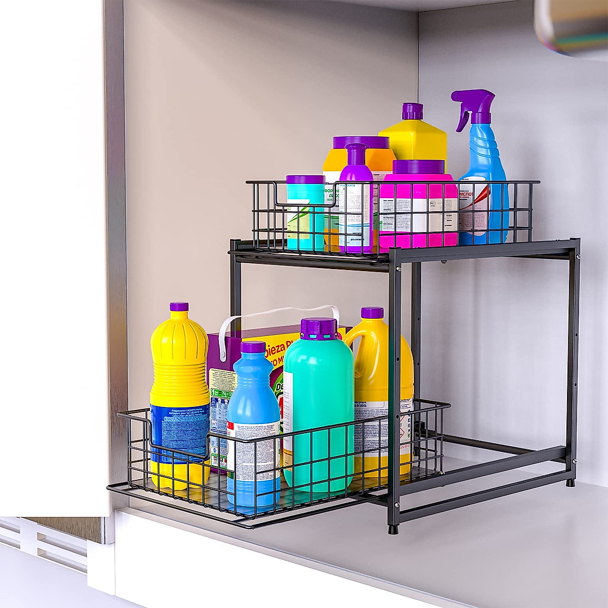 FixOwl Under Cabinet Sink Organizer with Sliding Drawer Under Bathroom Sink Storage Stackable Adjustable Height 2 Tier Countertop Organizer, 1 Pack, Black