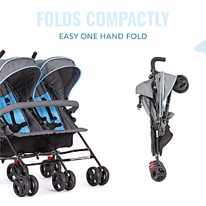 Dream On Me Volgo Twin Umbrella Stroller in Blue, Lightweight Double Stroller for Infant & Toddler, Compact Easy Fold, Large Storage Basket, Large and Adjustable Canopy