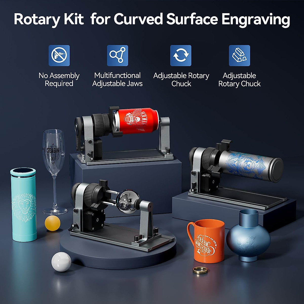 Woxcker ARot8 Rotary Roller, 4 in 1 Multi-Function Chuck Rotary Roller, Adjustable Jaw Chuck Rotary for Engraving Cylindrical Objects, Tumbler, Baseball Bat, Ring, Compatible with Most Engraver