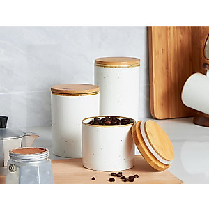 ONEMORE Ceramic Canisters Set for Kitchen Ceramic Storage Jars Countertop Sugar and Flour Storage Canisters With Bamboo Lids - Set of 3 Speckled Coffee Container Jars for Sugar, Tea, Cereal, Snack