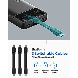 INIU Portable Charger, Adjustable Built-in Cables 10000mAh Power Bank with Tiny Size, Tri-3A High-Speed Battery Pack for iPhone 14 13 12 11 Pro X Samsung S22 S10 Google LG iPad Tablet Airpods etc.