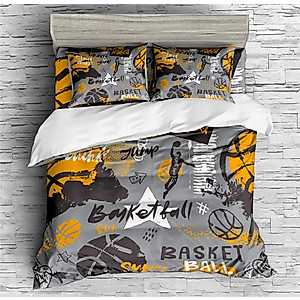 REALIN Basketball Nets Duvet Cover Set Basketball Dunking Bedding Girl Boy Kids Bed Sets 2/3/4PCS Quilt Covers/Sheets/Pillow Shams,Twin/Full/Queen/King (A,Full-200x229cm-3PCS)