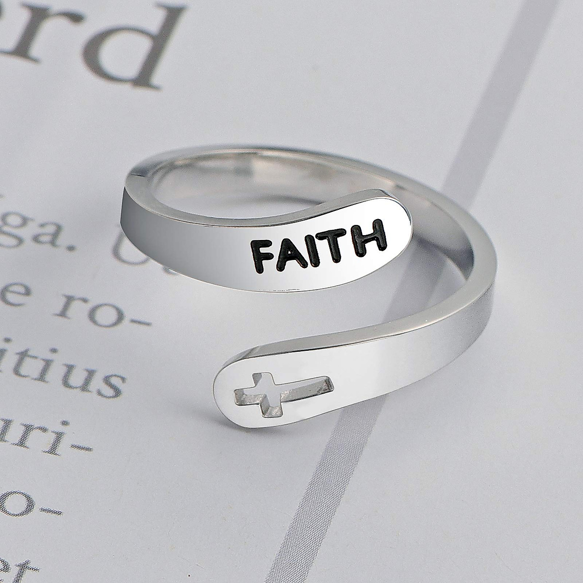 Haoze Inspirational Gifts for Women Stainless Steel Silver Cross Faith Ring Open Statement Rings For Women(Faith)