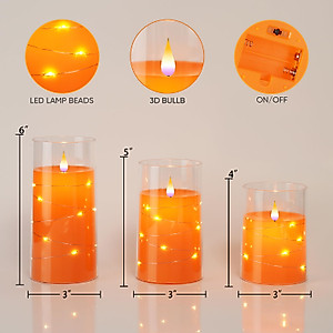 Homemory Halloween Orange Flameless Candles with String Lights, Battery Operated LED Candles with Remote and Timer, Flickering Candles for Halloween Decoration, Fall, Harvest Festival