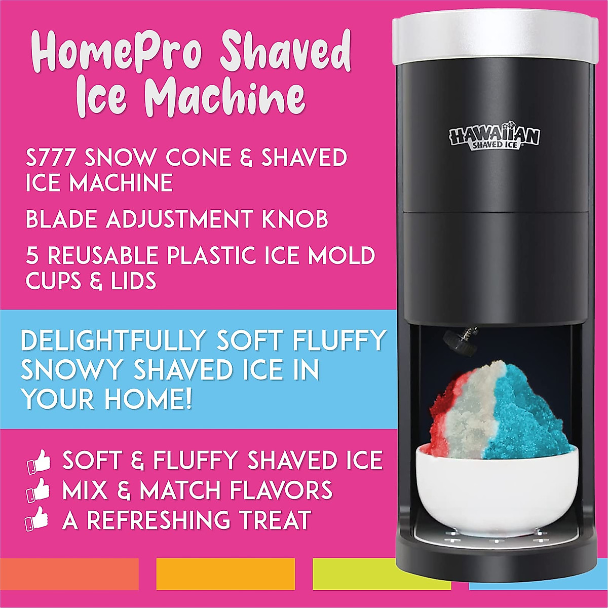 Hawaiian Shaved Ice Snow Cone and Shaved Ice Machine with Blade Adjustment Knob and 5 Reusable Plastic Ice Cups Bundled with 3 Flavor Quart Pack of Cherry, Grape, and Blue Raspberry