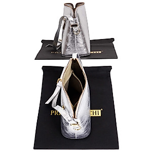 PRIMO SACCHI Ladies Italian Textured Metallic Silver Leather Small Triangular Shoulder Crossbody Bag