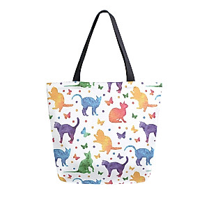 ALAZA Large Canvas Tote Bag Rainbow Cute Cat Butterflies Polka Dot Shopping Shoulder Handbag with Small Zippered Pocket