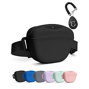 heouvo Dog Treat Pouch with Training Clicker, Upgrade Stronger Magnetic Closure to Avoid Spilling, 1.67 Cup Silicone Treat Bag Fanny Pack with Waist Belt for Pet Training Walking (Black)